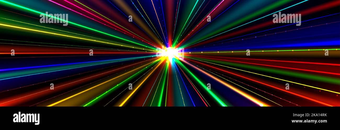 Abstract background with colorful straight lines go form shining center ...