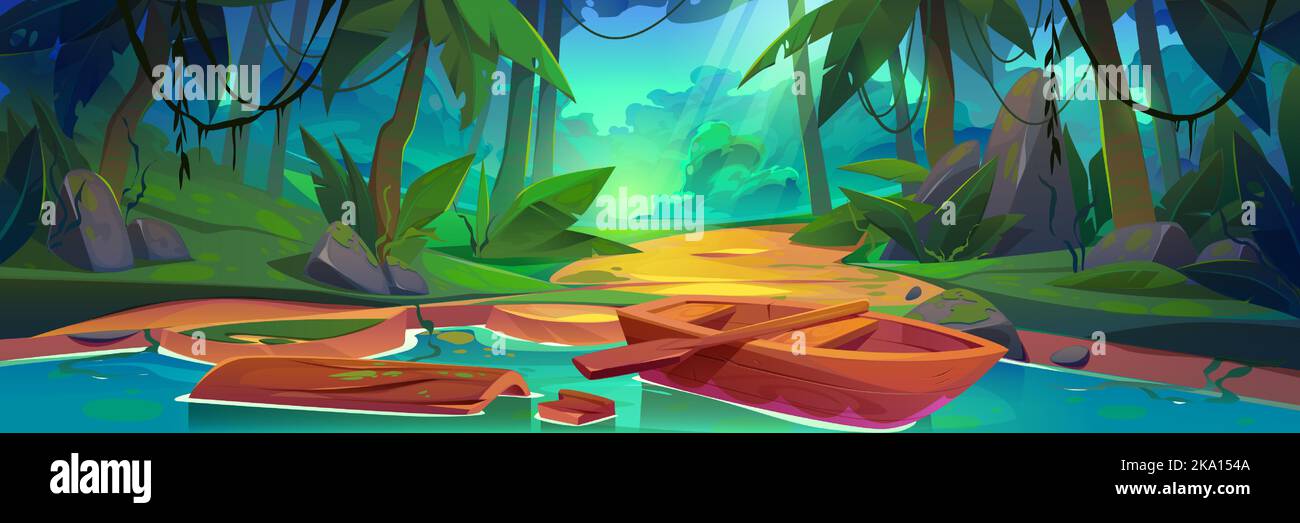Wooden boat on lake in jungle forest. Summer landscape of tropical ...