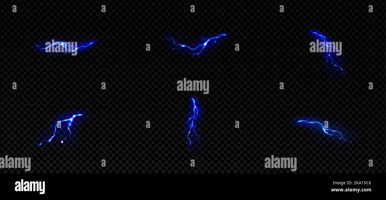 Lightning effect blue small thunderstorm strikes. Realistic 3d vector impact, crack, magical ...