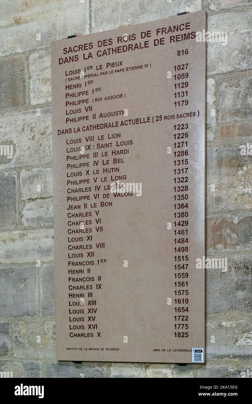 Reims, France- 13 September, 2022: wall plaque with the names of the ...