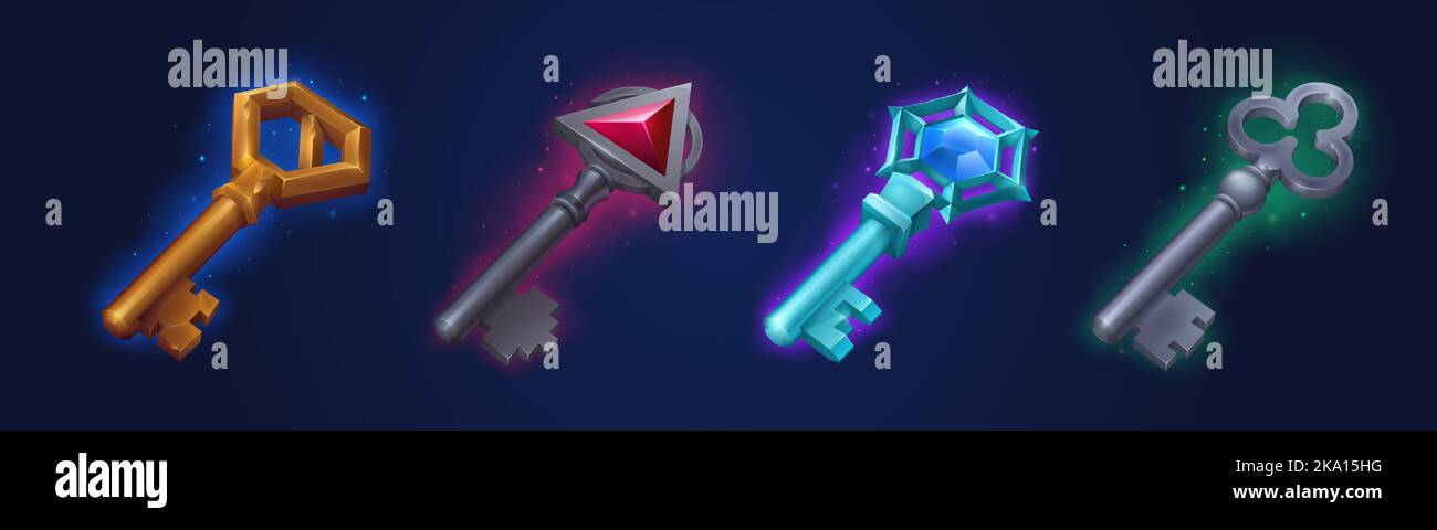 Game keys props icons, gamer assets. Golden iron, silver and crystal ...