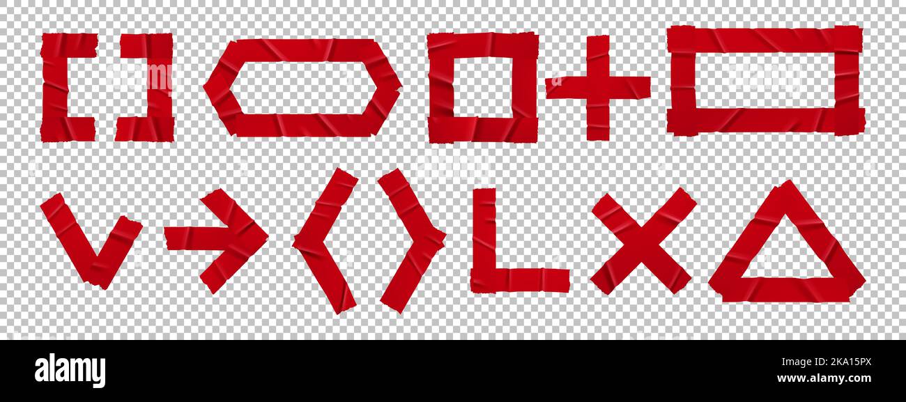 Red glued tape patches signs set. Tick mark, arrow, cross and triangle ...
