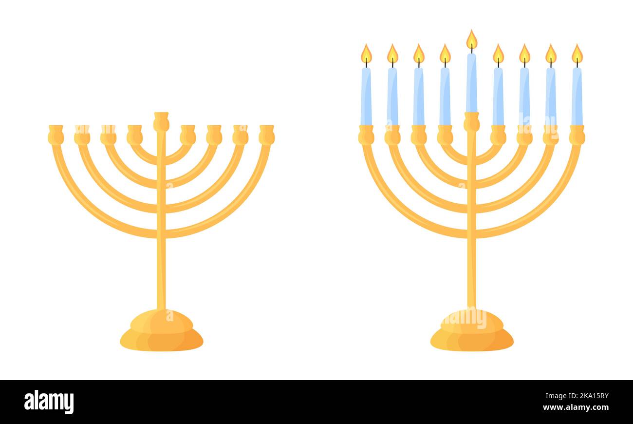 Hanukkah menorah empty and with lit candles. Set of traditional Jewish ...