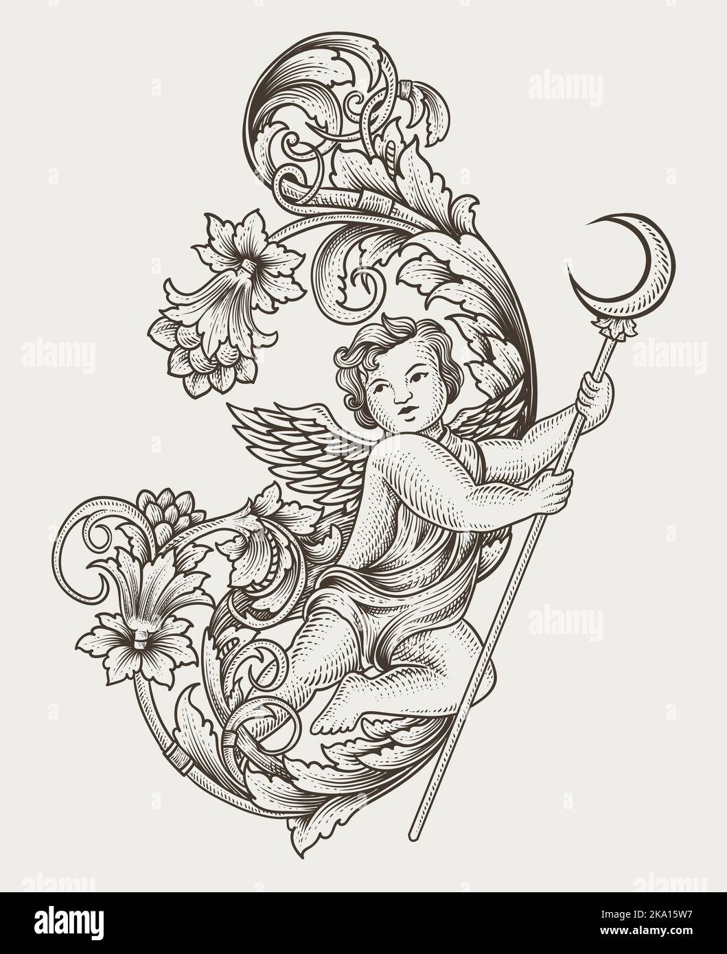 illustration cupid angel with engraving ornament antique style Stock ...