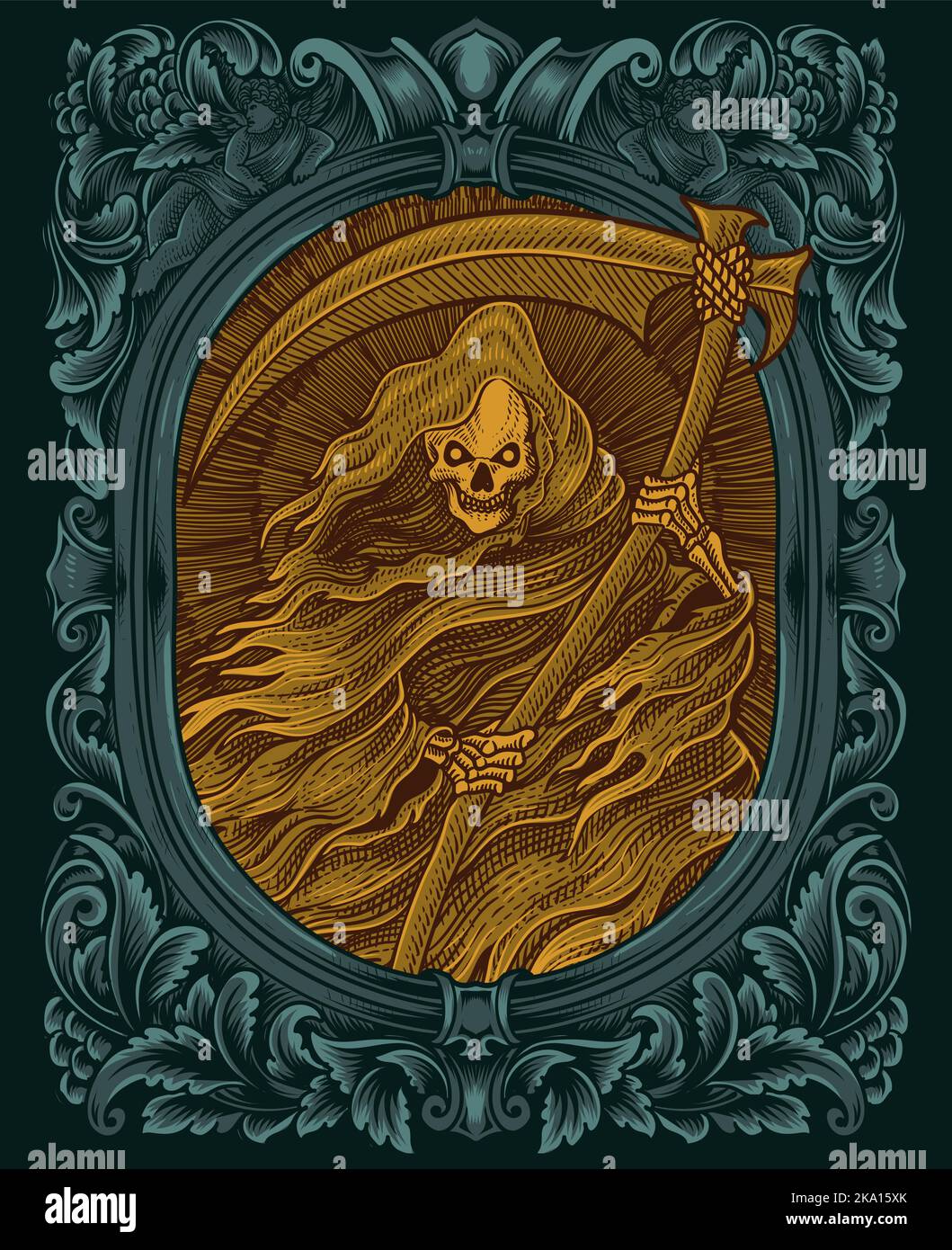 Illustration scary grim reaper with vintage engraving style Stock ...