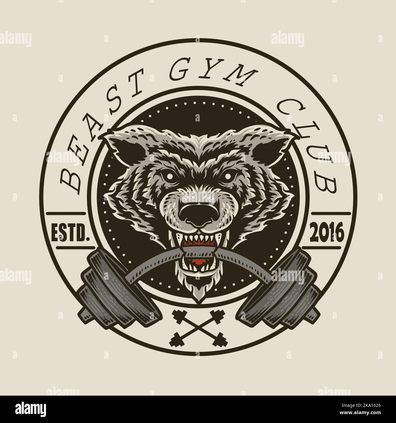 Fitness logo with wolf head biting barbell Stock Vector Image & Art - Alamy