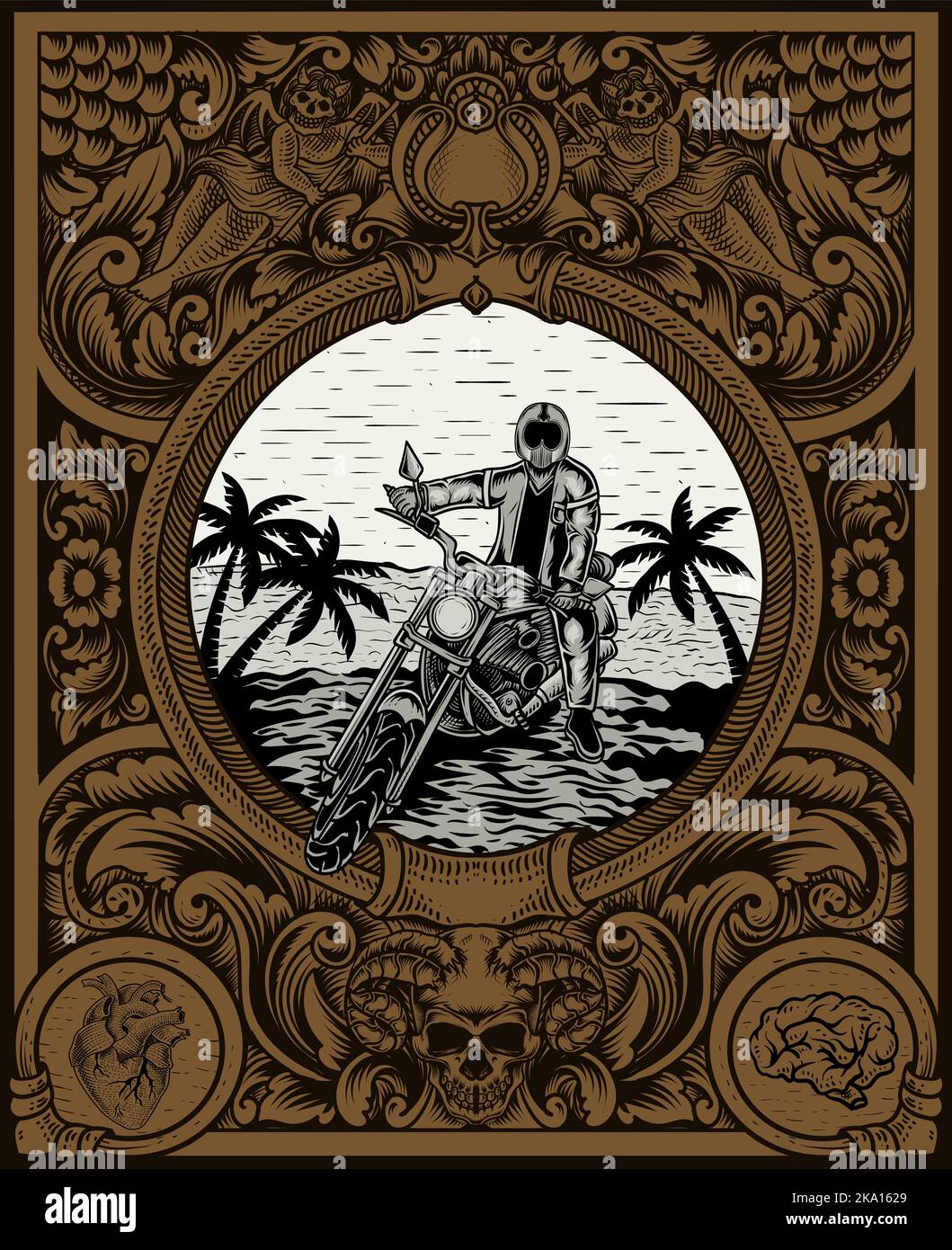 illustration biker with motorcycle on the beach - vintage engraving ...