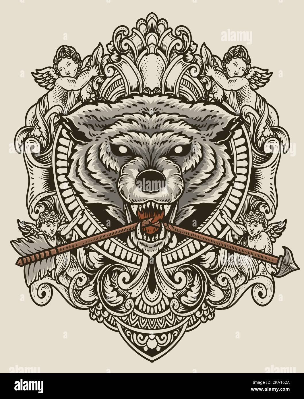 illustration vintage wolf head with antique engraving ornament style ...