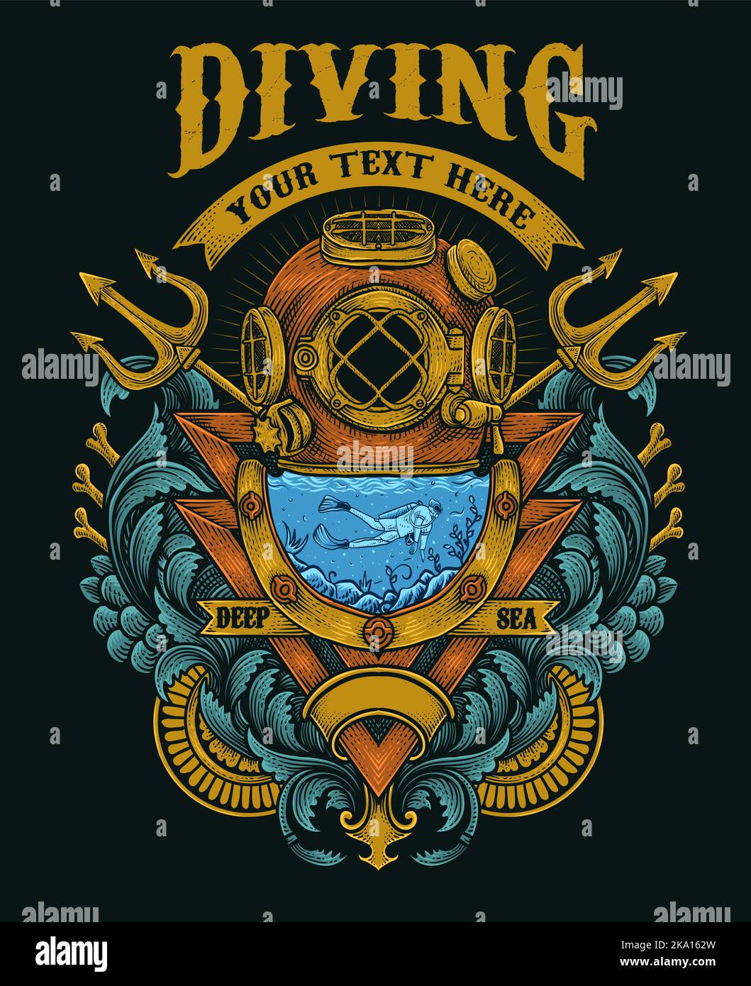 Illustration vintage diving helmet with antique engraving ornament ...