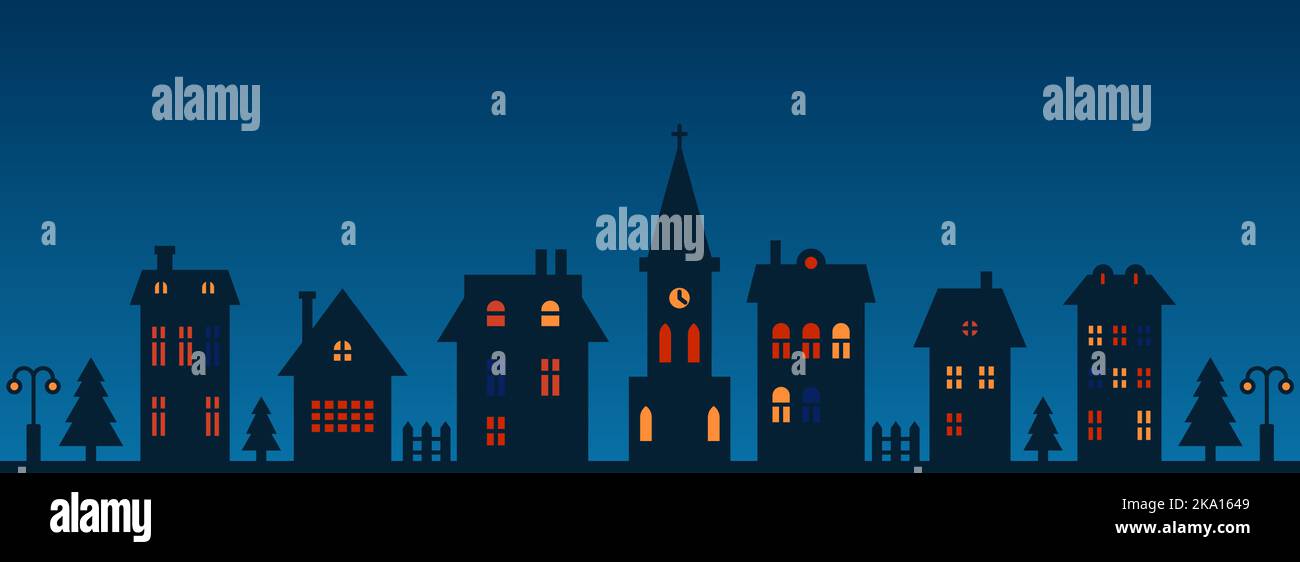 Night street in neighborhood of city. Skyline of houses in town ...
