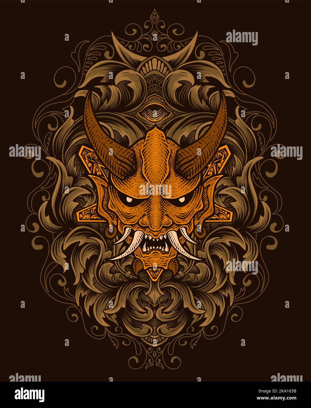 oni mask isolated with engraving ornament style Stock Vector Image ...