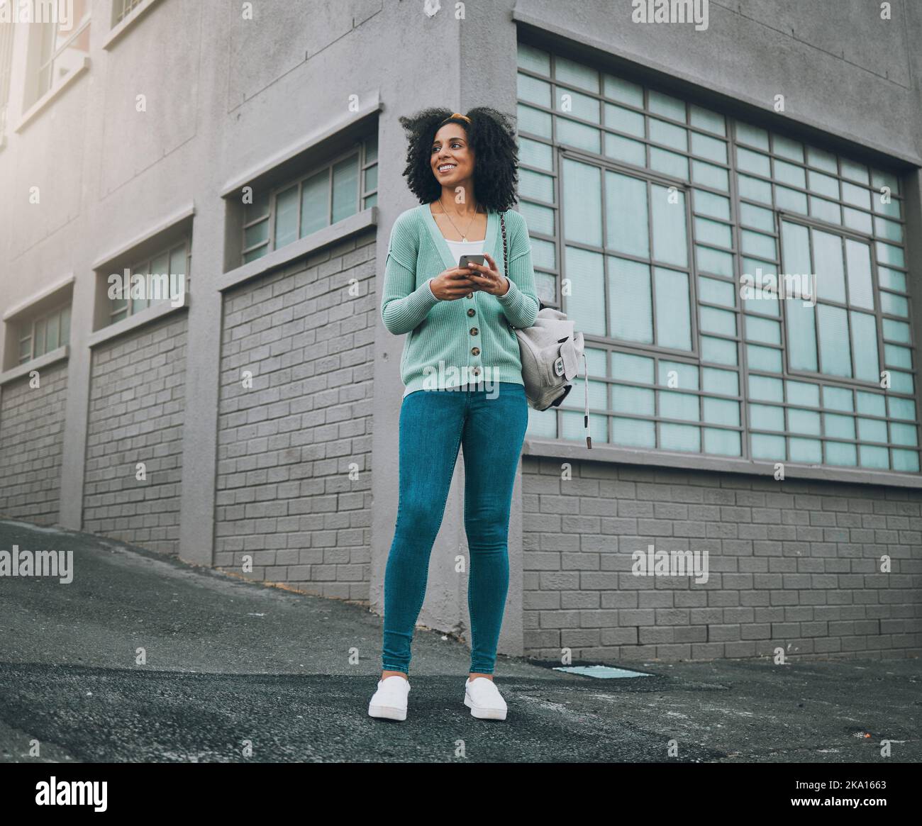 Black woman, fashion and city travel with phone for location gps ...