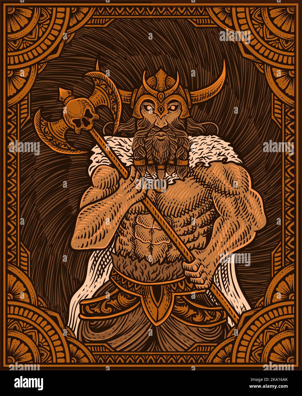 Illustration antique viking warriors with engraving ornament frame ...