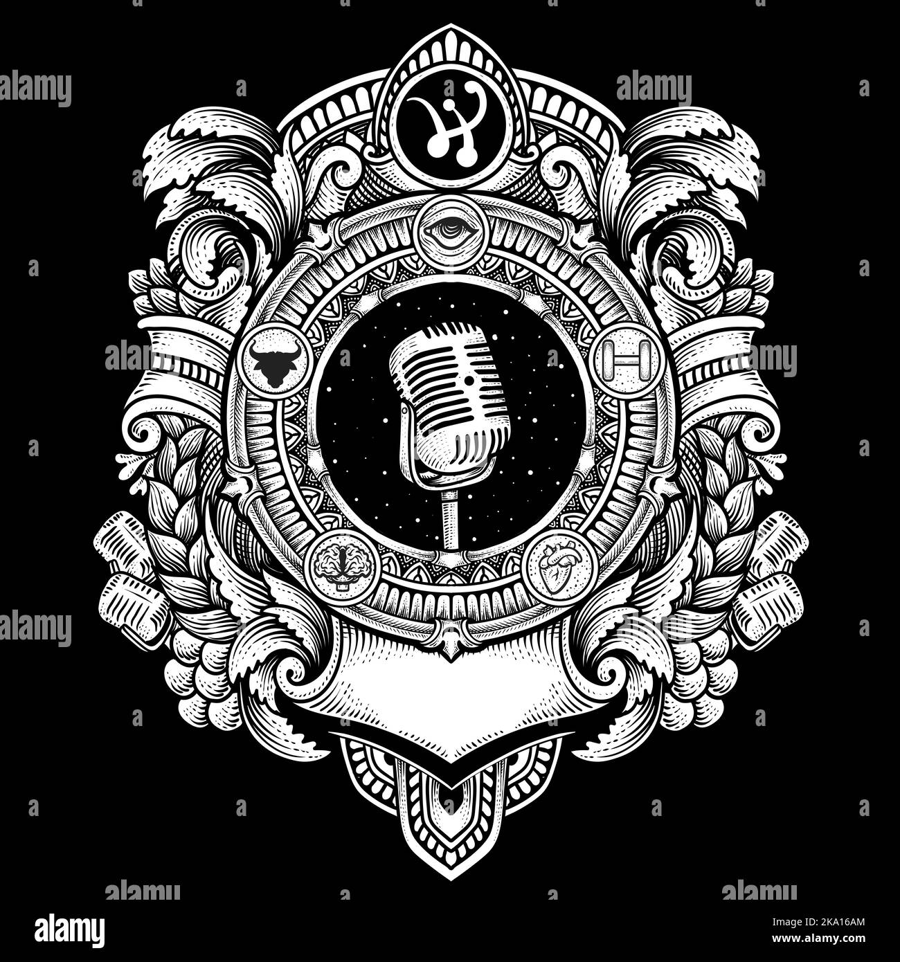 Illustration vintage microphone with antique engraving ornament frame ...