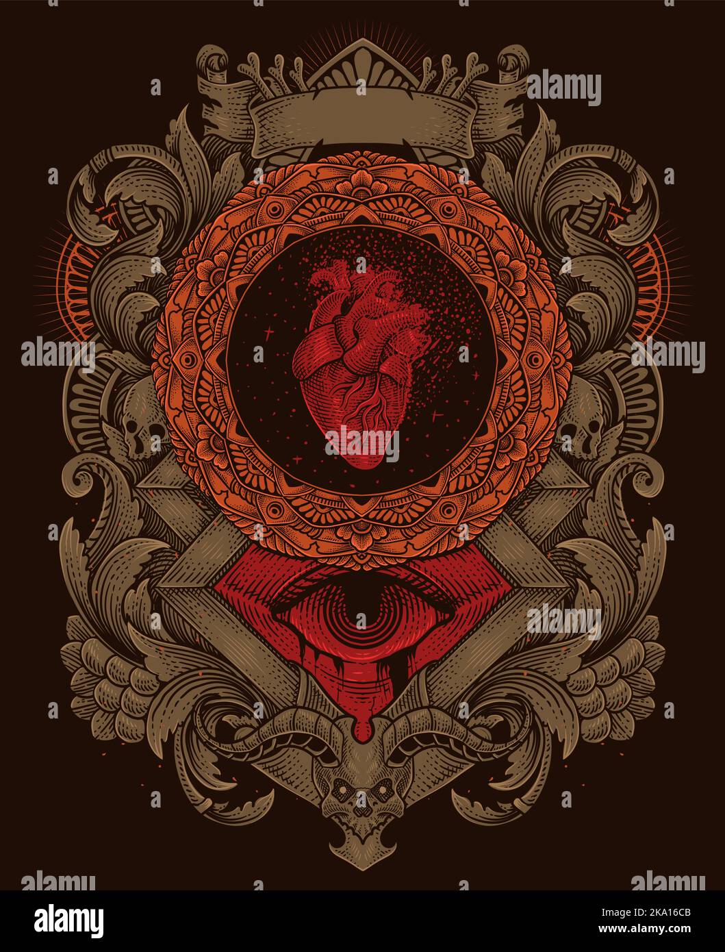 illustration antique heart with vintage engraving ornament Stock Vector ...