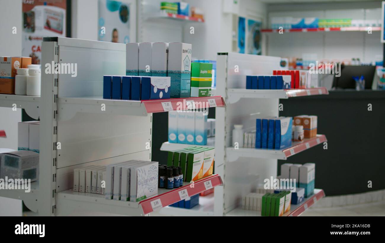 Empty pharmacy store filled with boxes of medicaments and supplements ...