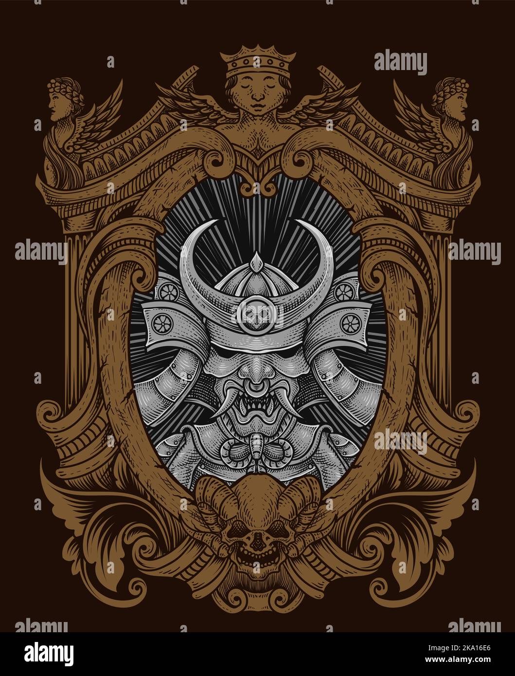 illustration isolated samurai warriors with engraving frame Stock ...