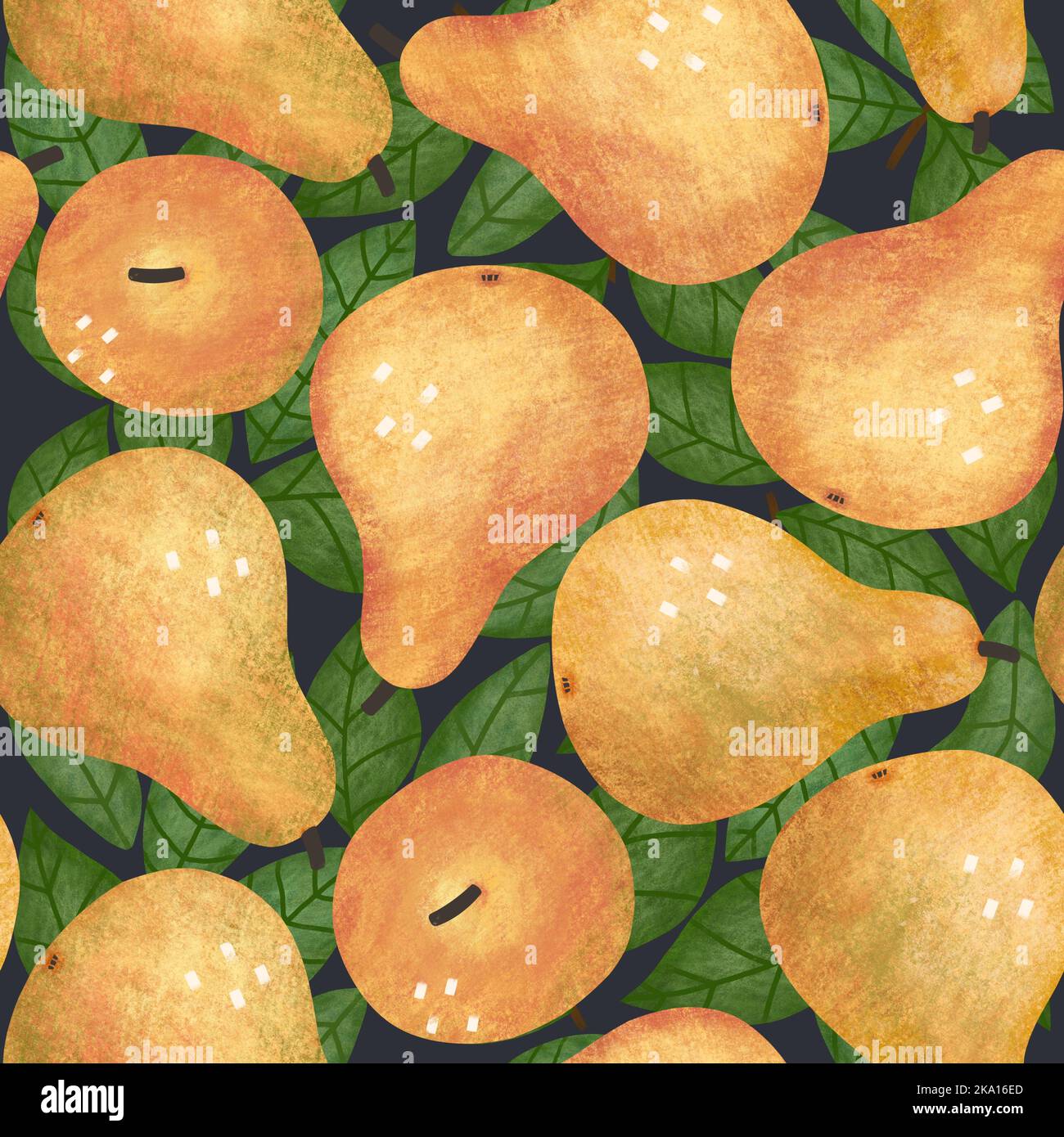 Pear seamless pattern. Textured fresh yellow fruits and green leaves on ...