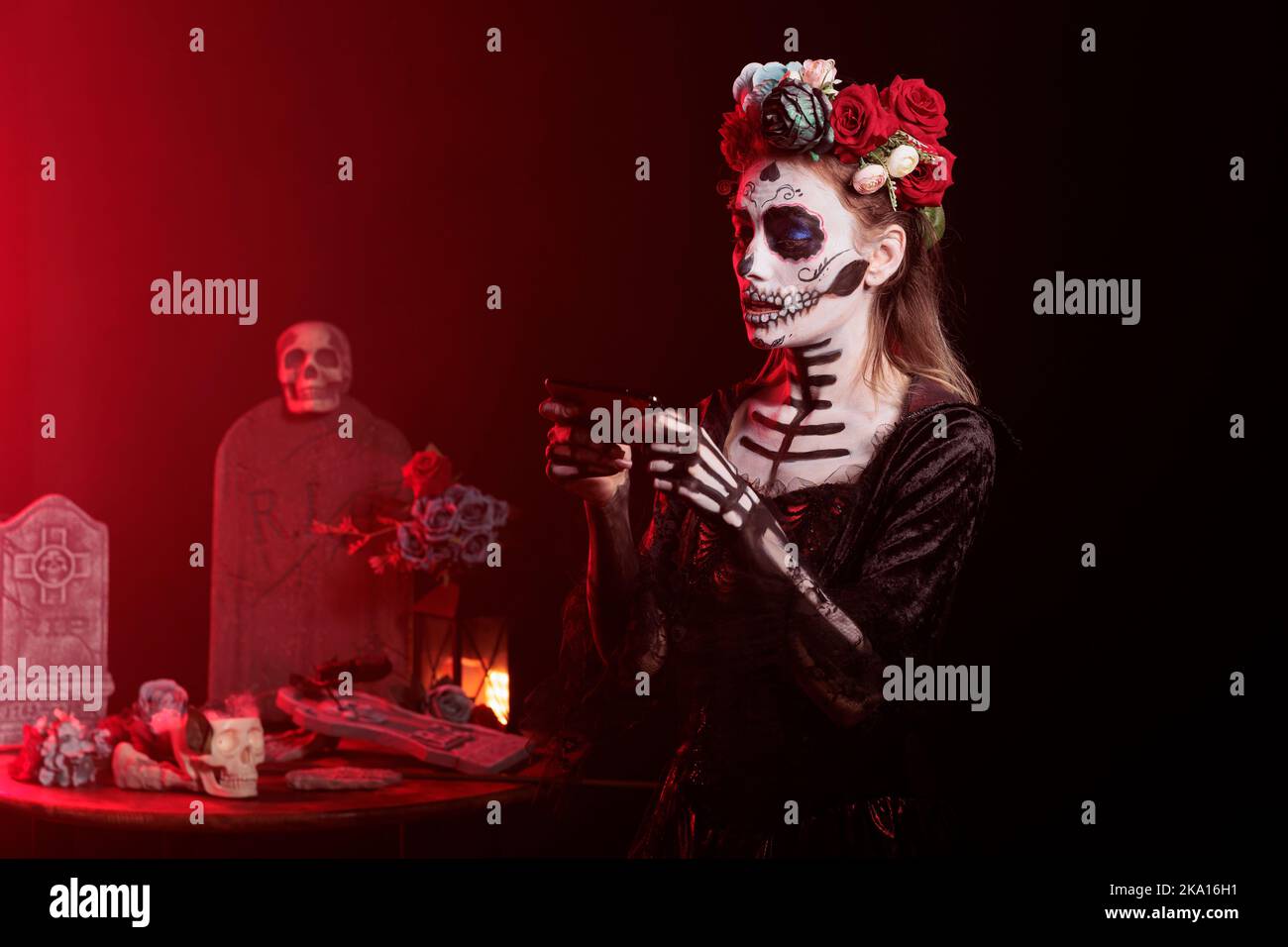 Creepy lady of death taking photos on smartphone, capturing horror ...