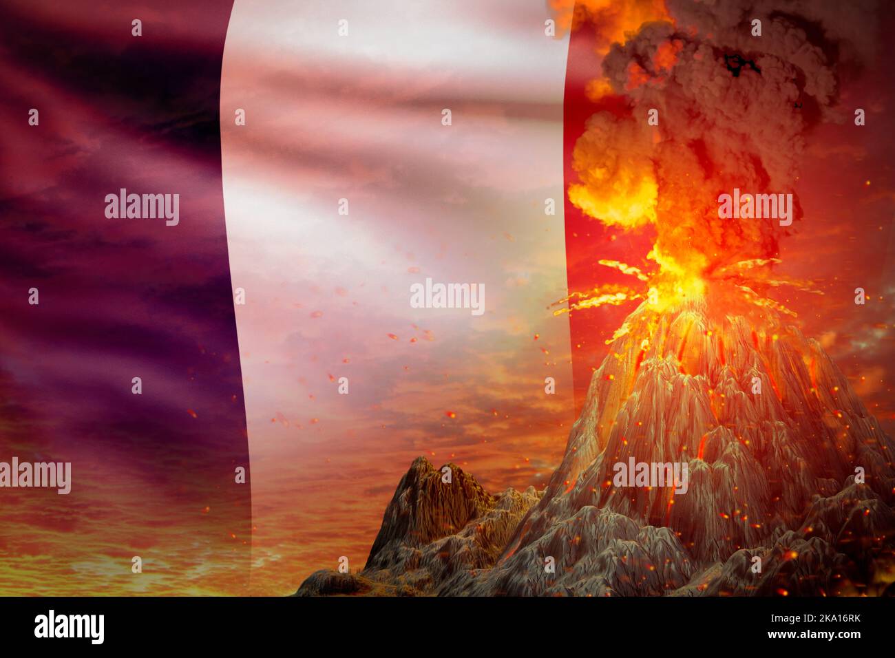 high volcano blast eruption at night with explosion on France flag ...