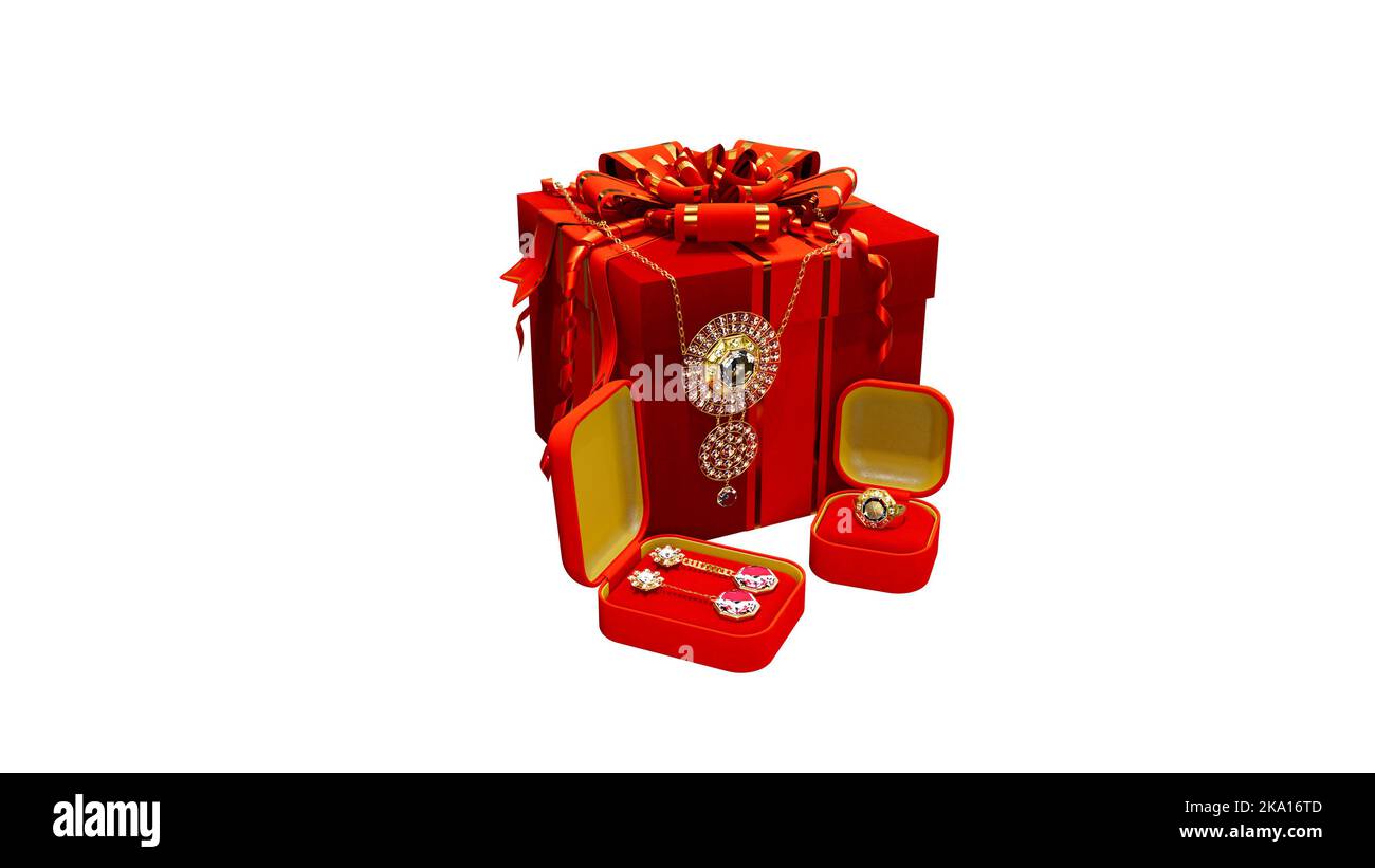 Red bijouterie surprise gift box with chaplet ring and eardrops with ...
