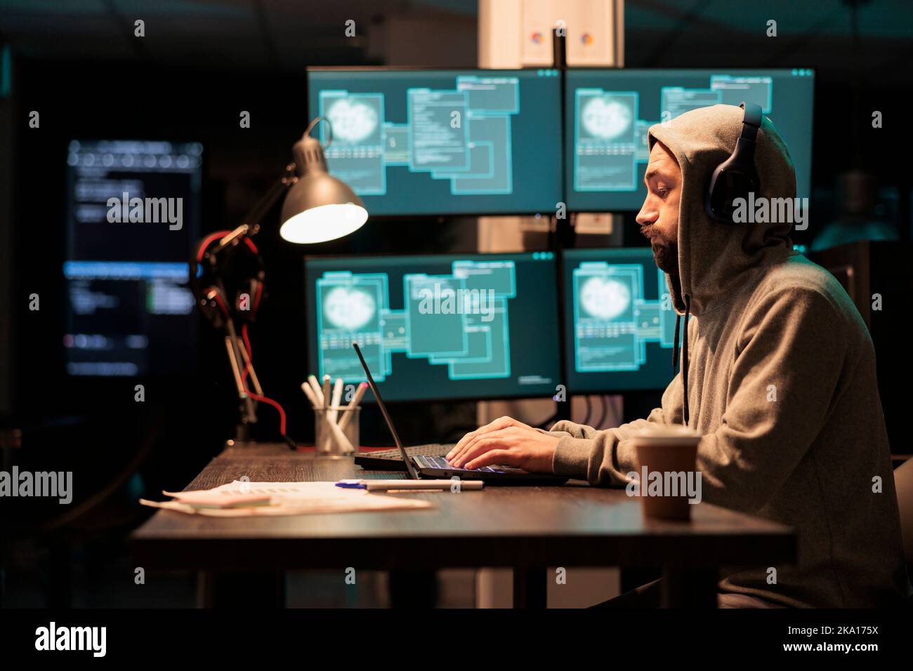 Male Criminal Trying To Break Database Server Using Virus To Code Malware And Steal Big Data At