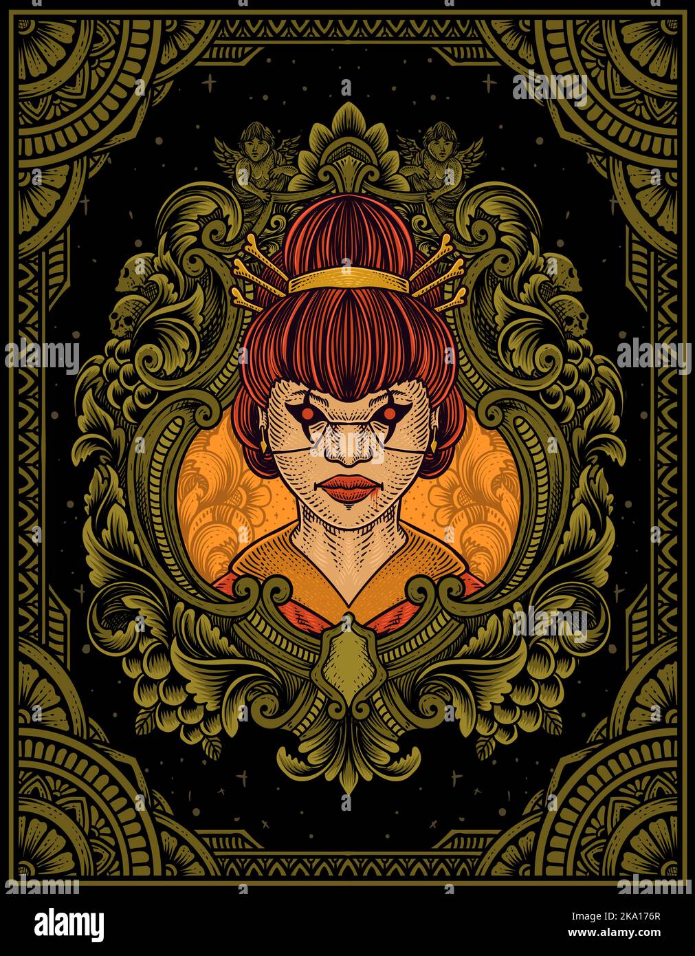 illustration geisha lady with engraving ornament frame Stock Vector ...