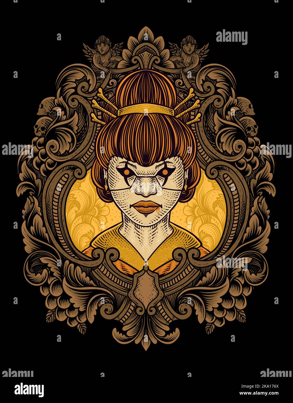 illustration geisha lady with engraving ornament frame Stock Vector ...