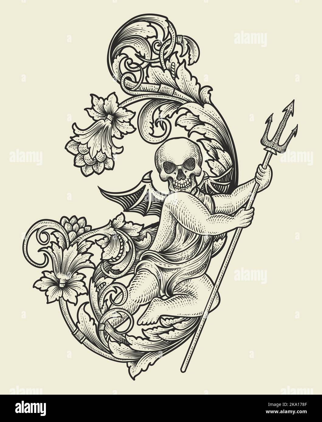 illustration baby demon with engraving ornament antique style Stock ...