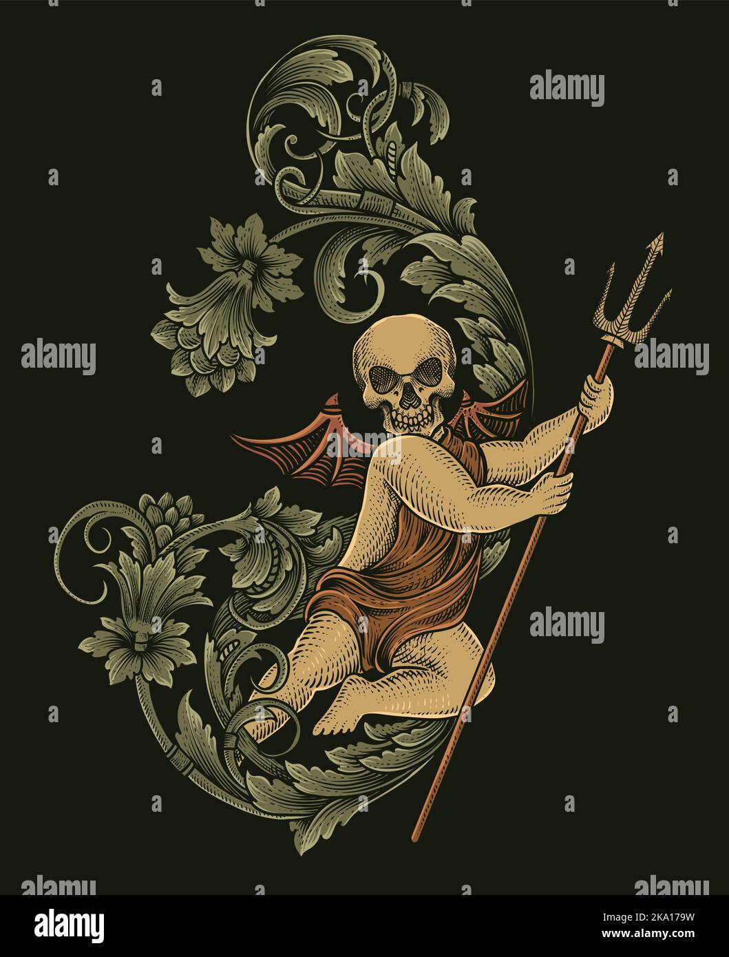 illustration baby demon with engraving ornament antique style Stock ...