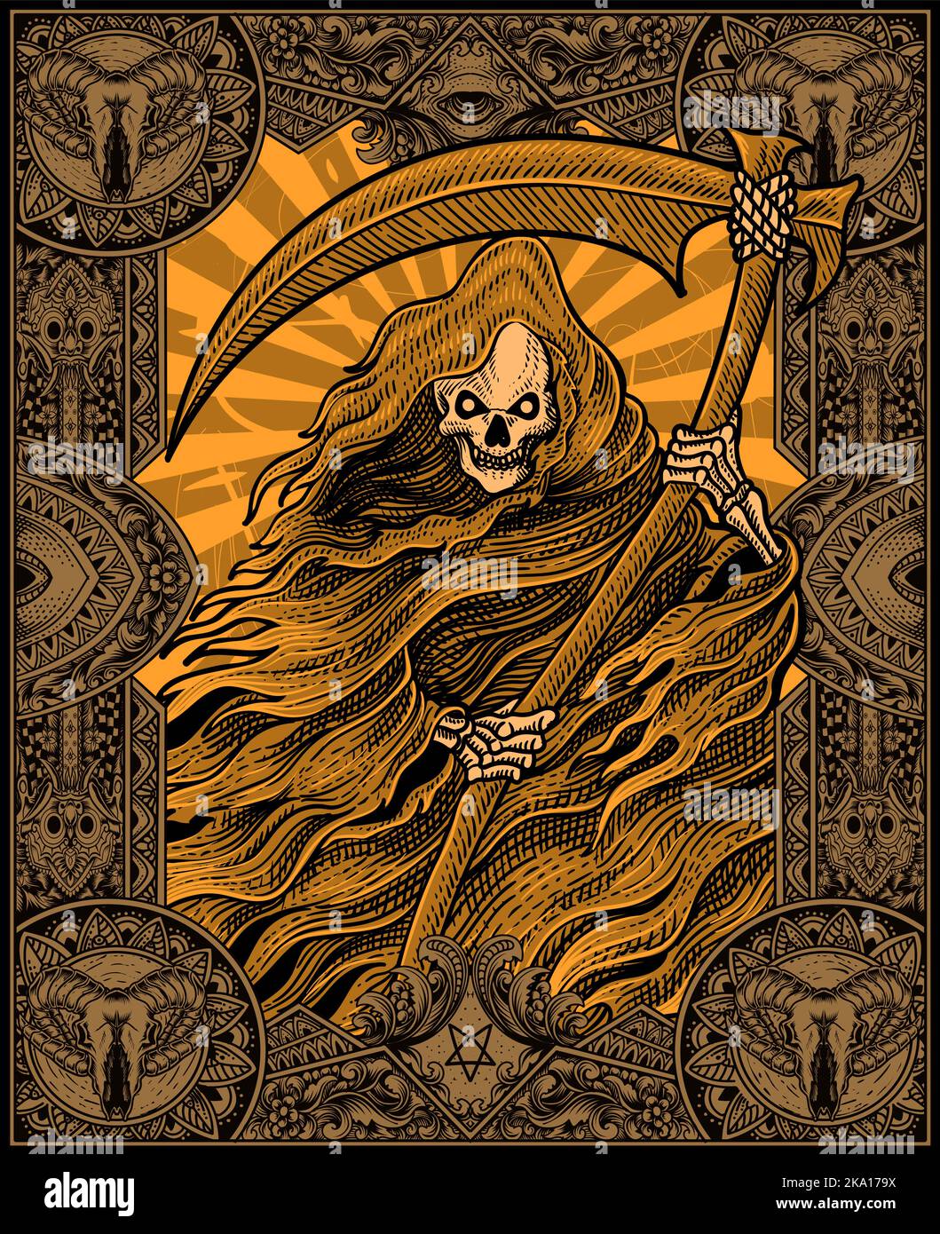 Illustration scary grim reaper with vintage engraving style Stock ...