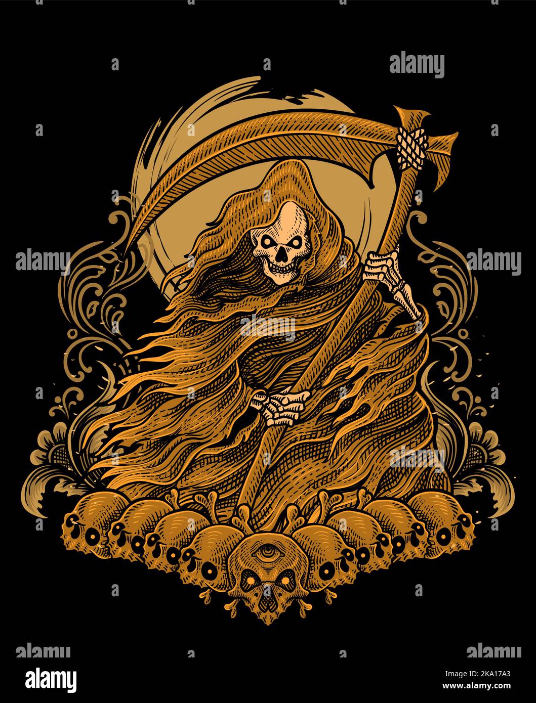 Illustration scary grim reaper with vintage engraving style Stock ...