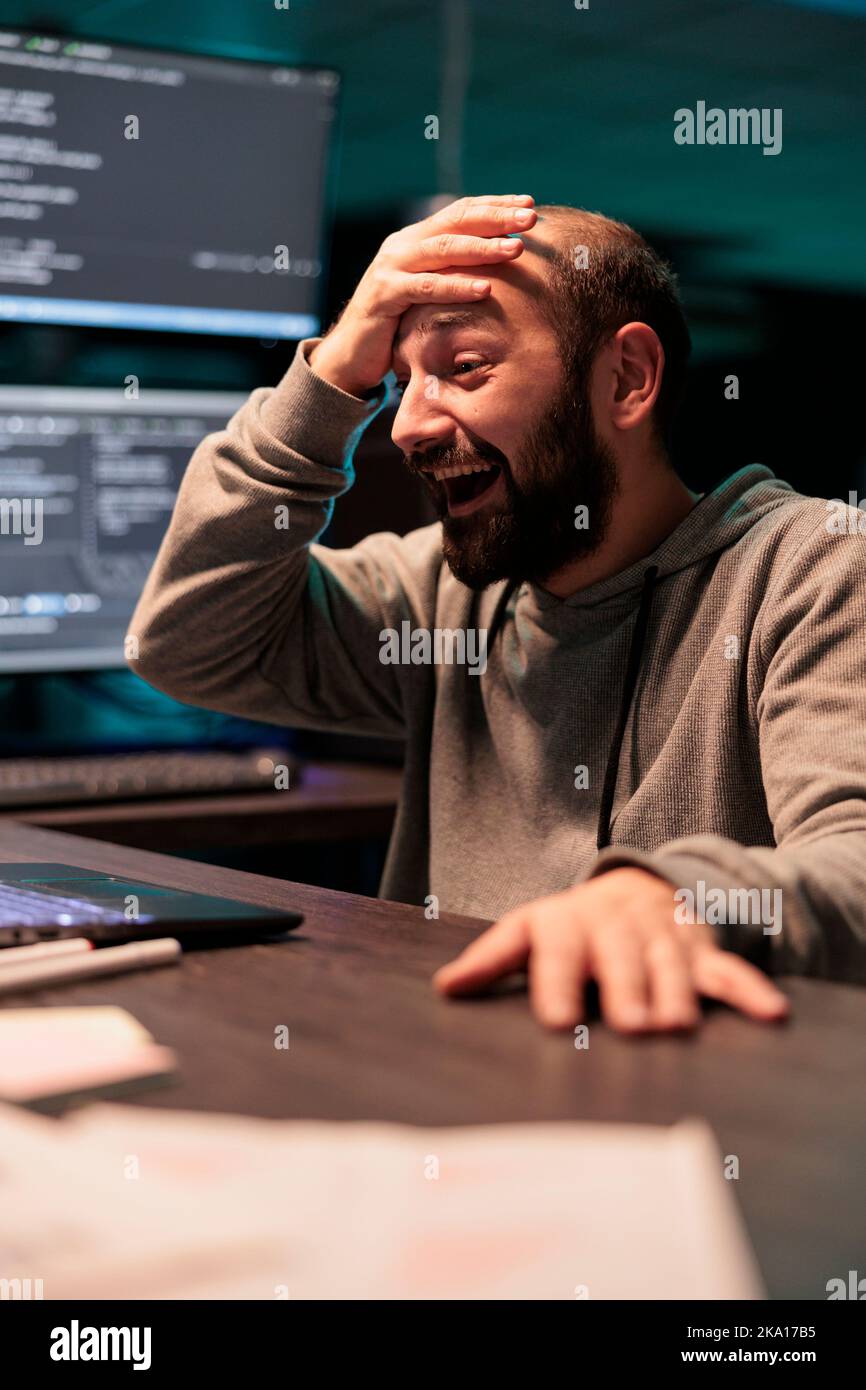 Pleased Smiling Coder Celebrating Data Script Success Feeling Happy About Programming Source