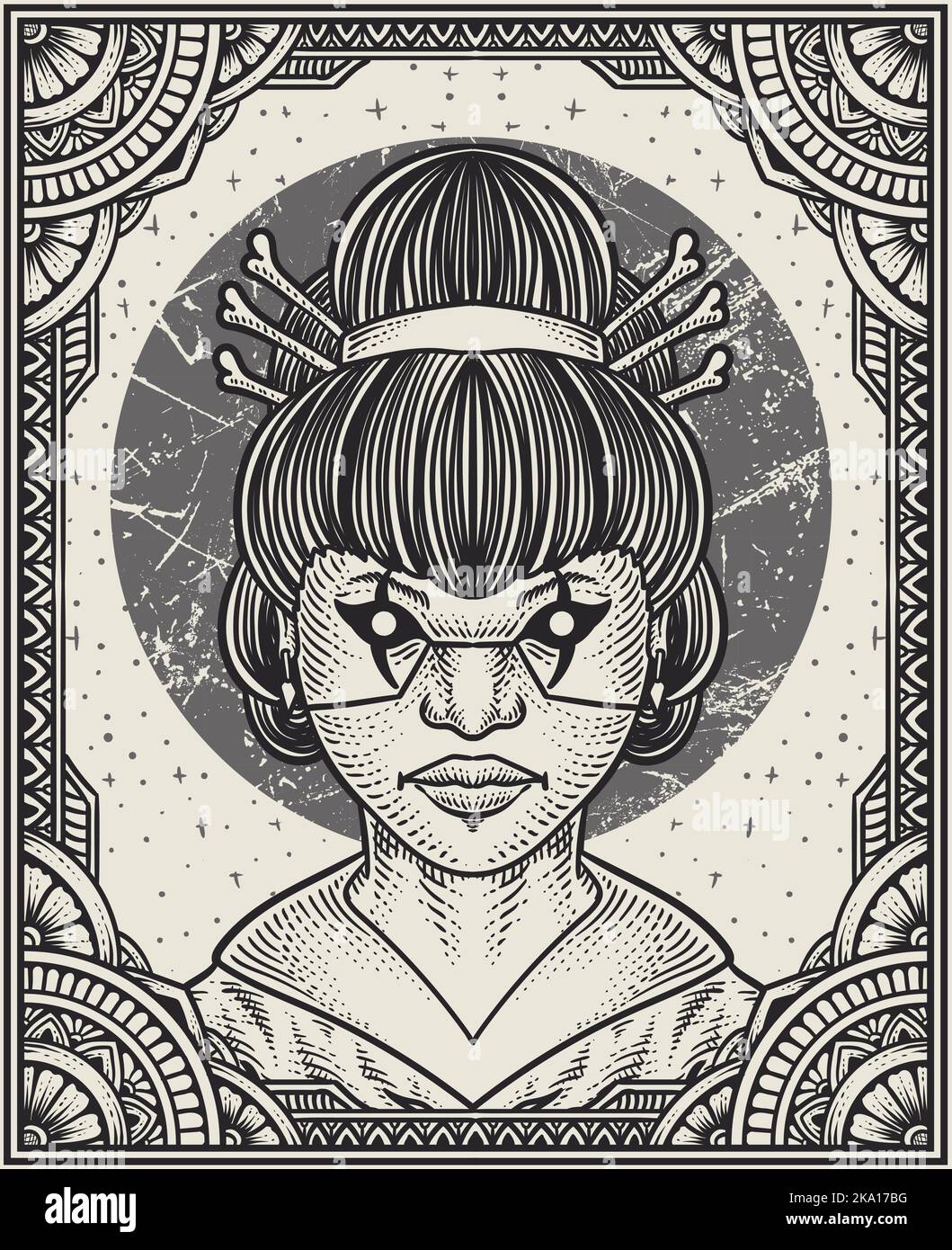 illustration geisha lady with engraving ornament frame Stock Vector ...