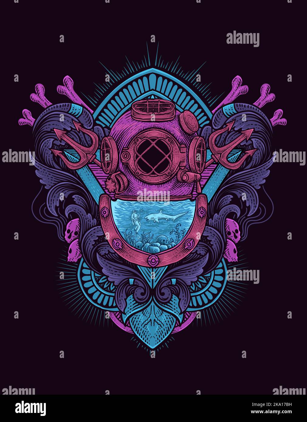 illustration antique diving helmet with vintage engraving ornament ...