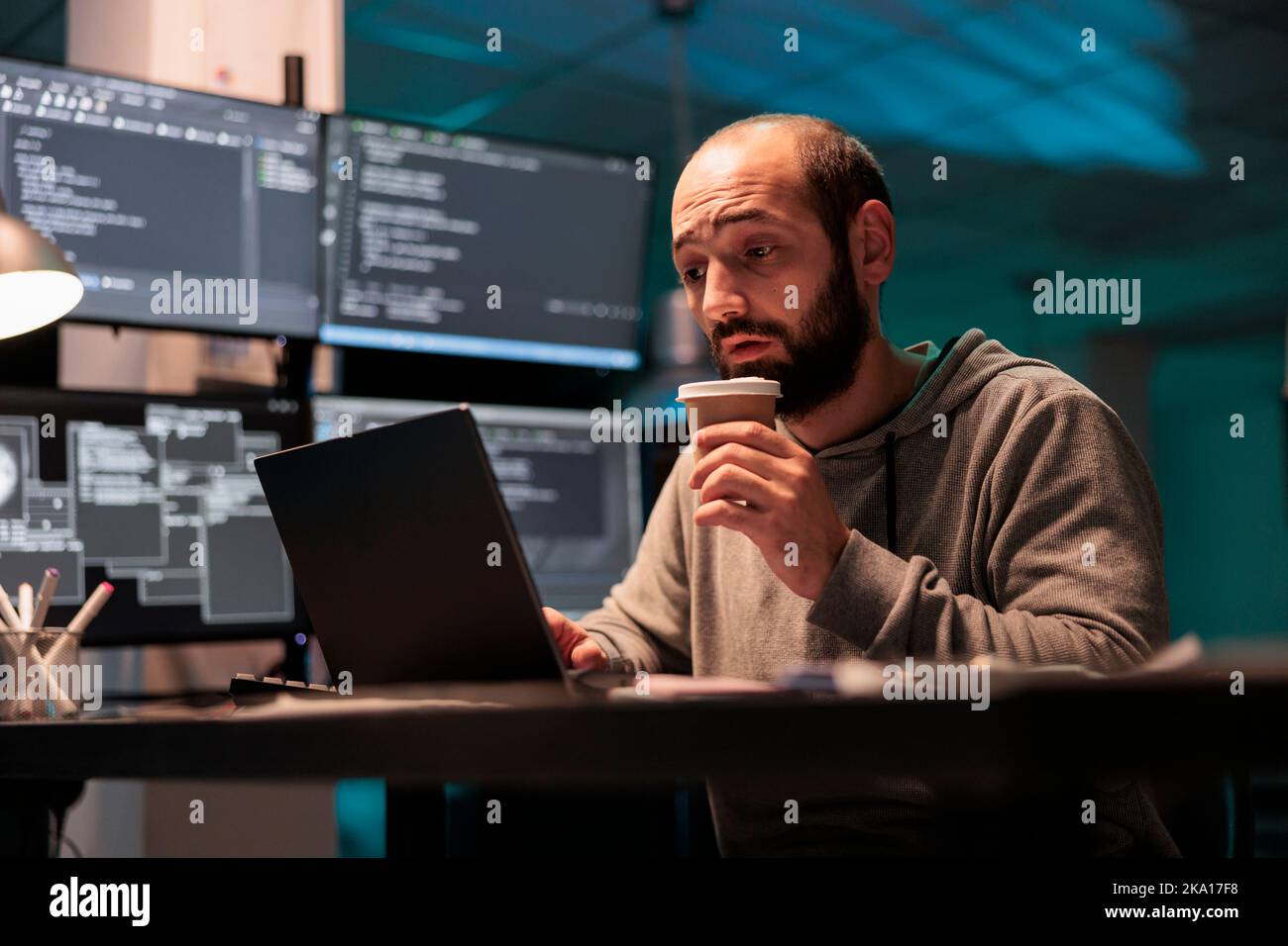 Overworked Coder Drinking Coffee Cup And Programming Html Script In Office After Hours Enjoying