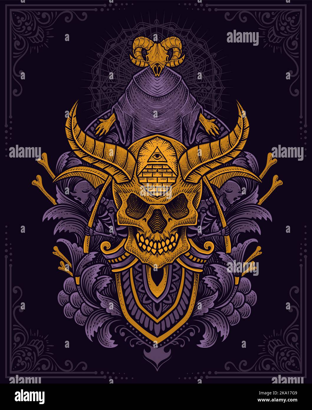 Illustration demon skull with antique engraving style perfect for T ...