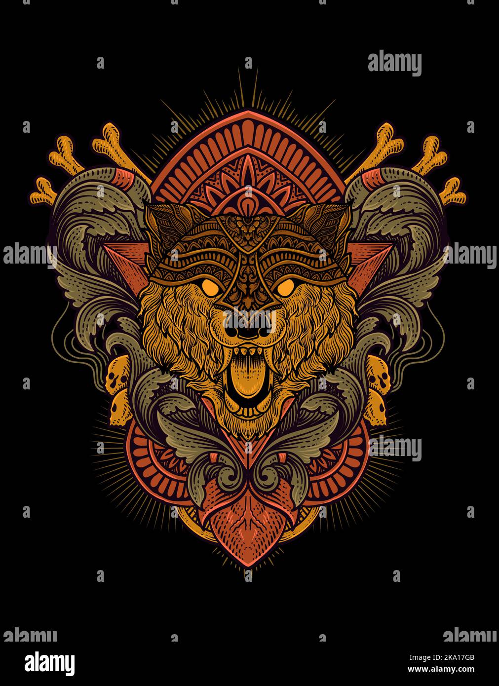illustration wolf head with antique engraving ornament on black ...