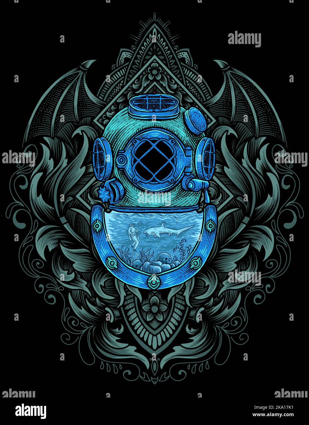 illustration antique diving helmet with vintage engraving ornament ...