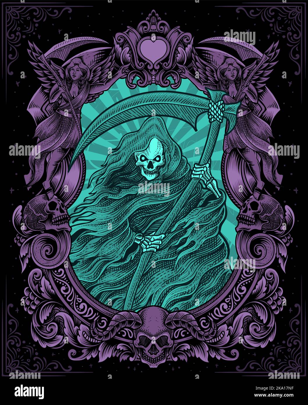 Illustration scary grim reaper with vintage engraving style Stock ...