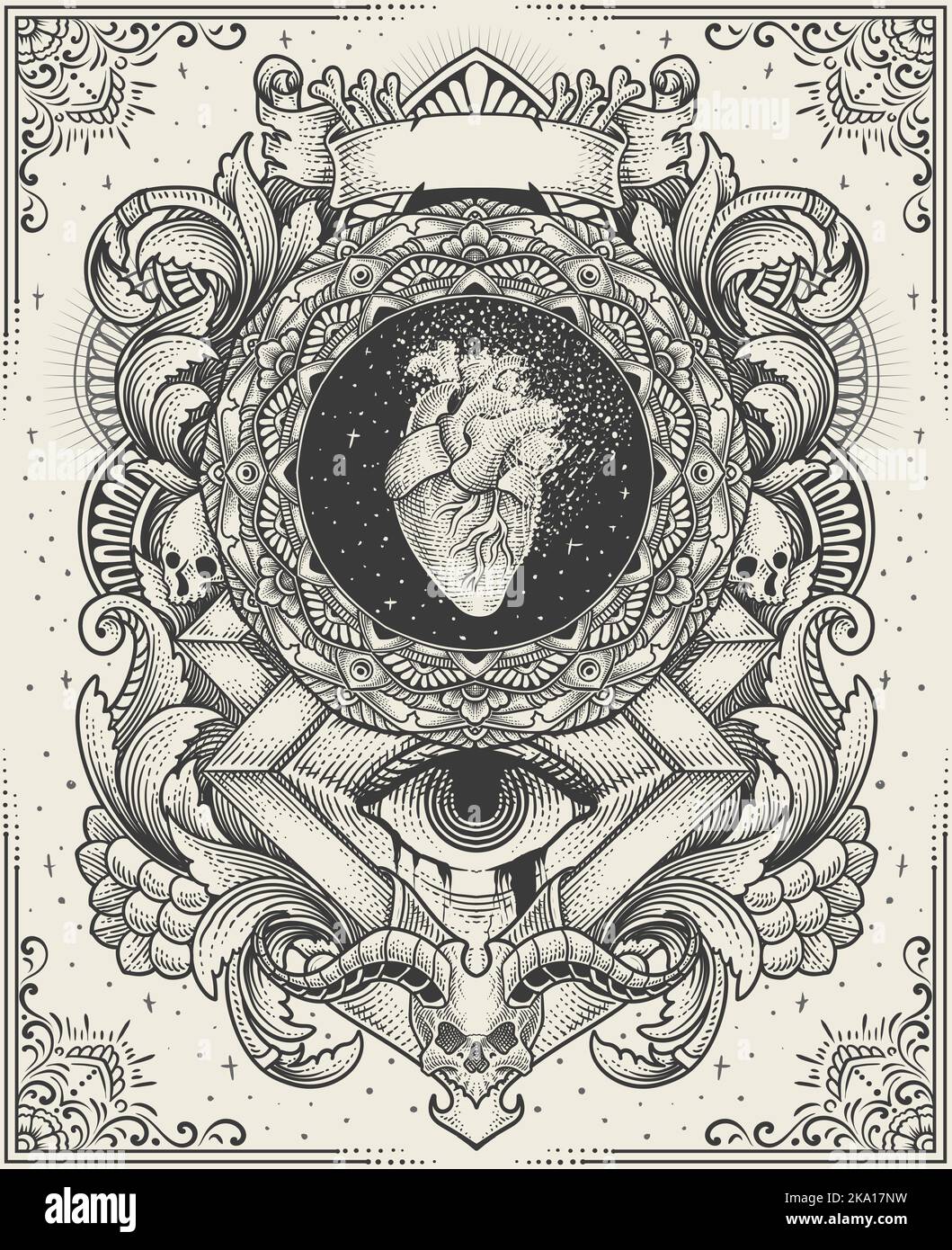 illustration antique heart with vintage engraving ornament Stock Vector ...