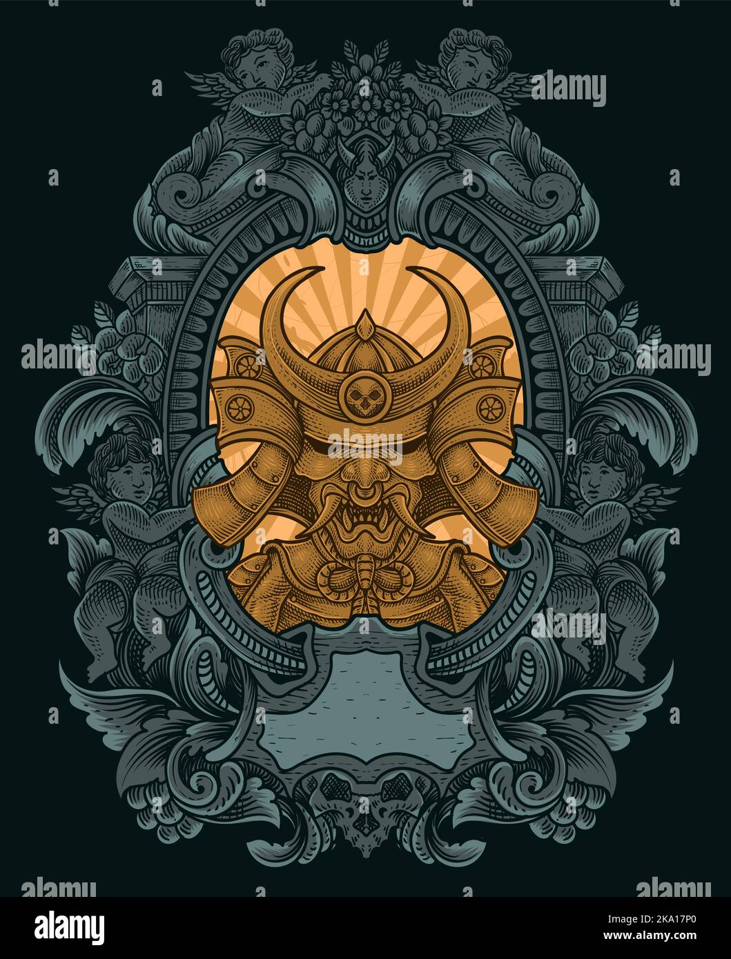 illustration isolated samurai warriors with engraving ornament Stock ...