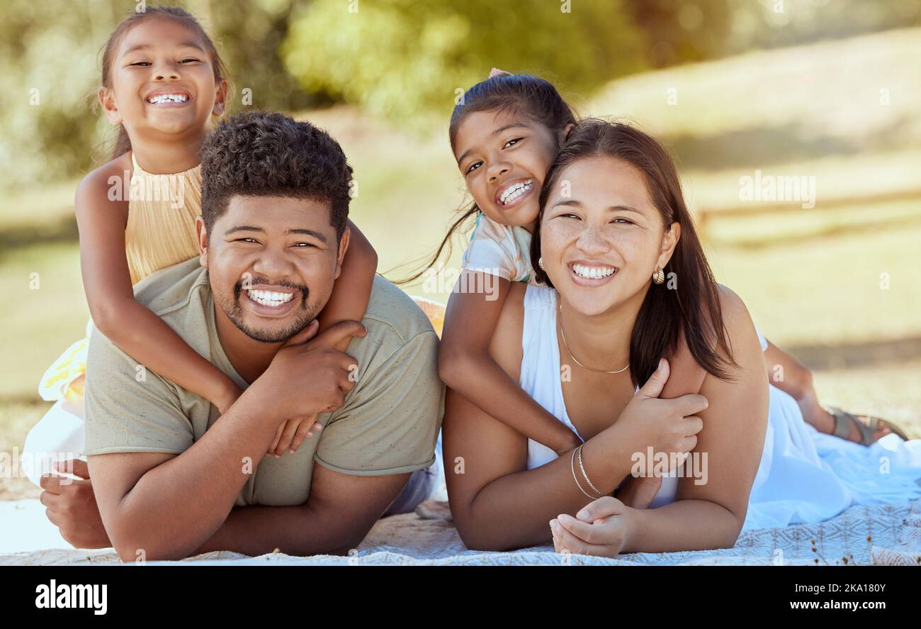 Happy family, hug and portrait smile for relax, quality bonding time or ...