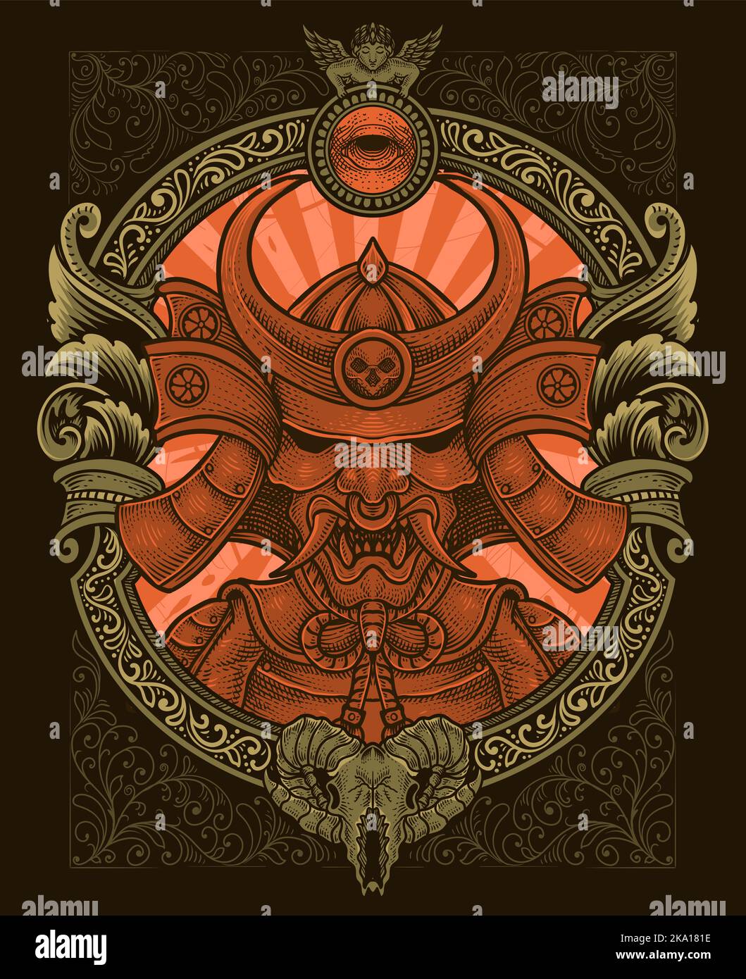 illustration isolated samurai warriors with engraving ornament Stock ...