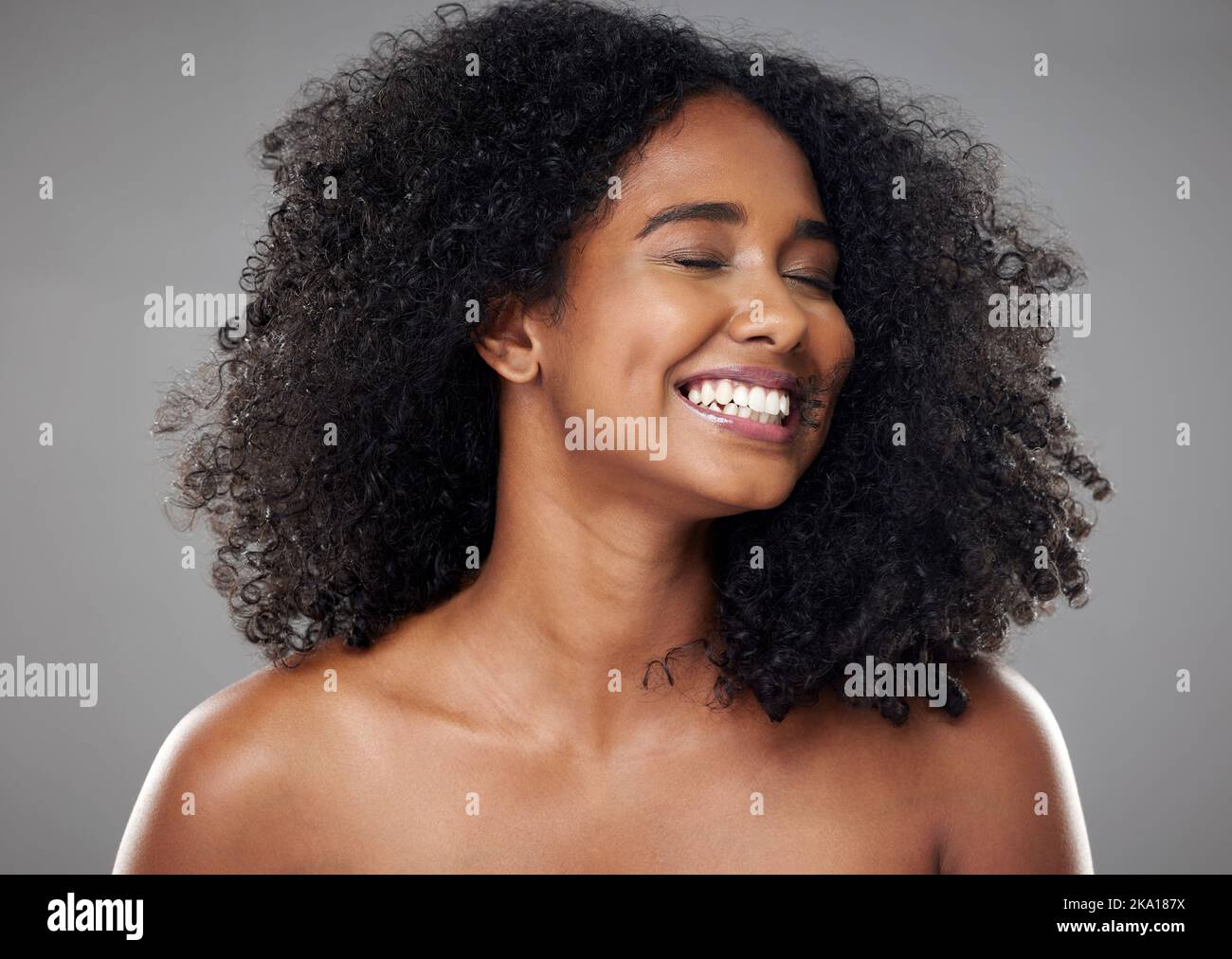 Black woman, smile and natural beauty of a model with skincare ...