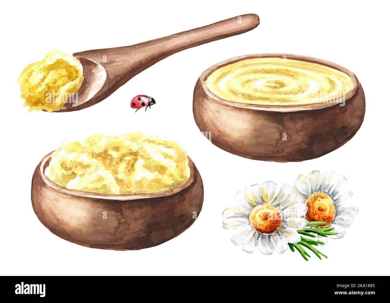 Melted butter in a wooden bowl set, Hand drawn watercolor illustration ...