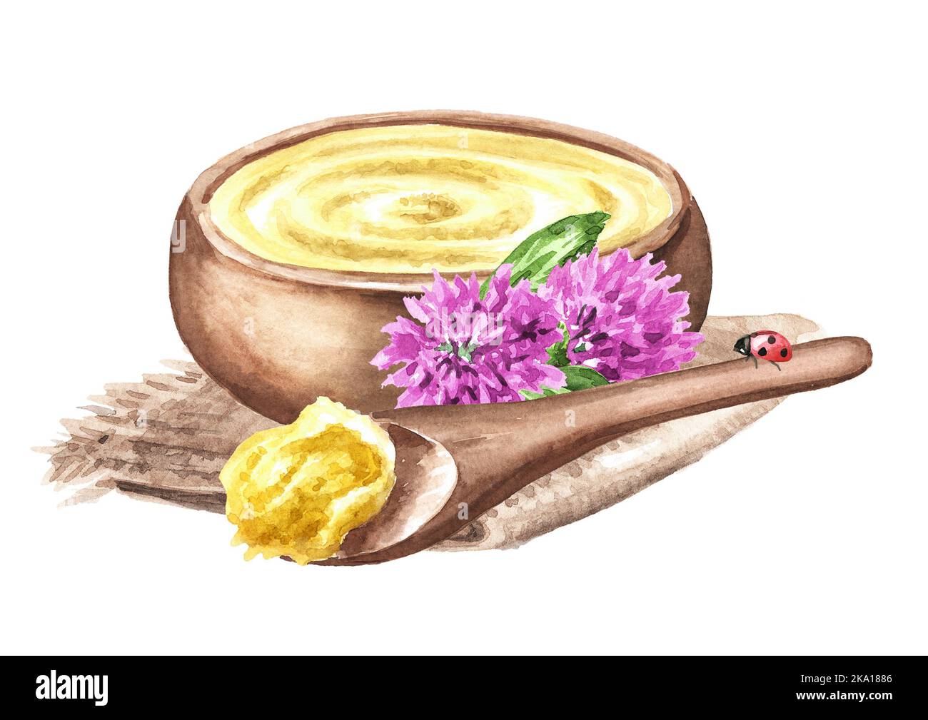 Melted butter in a wooden bowl, Hand drawn watercolor illustration ...