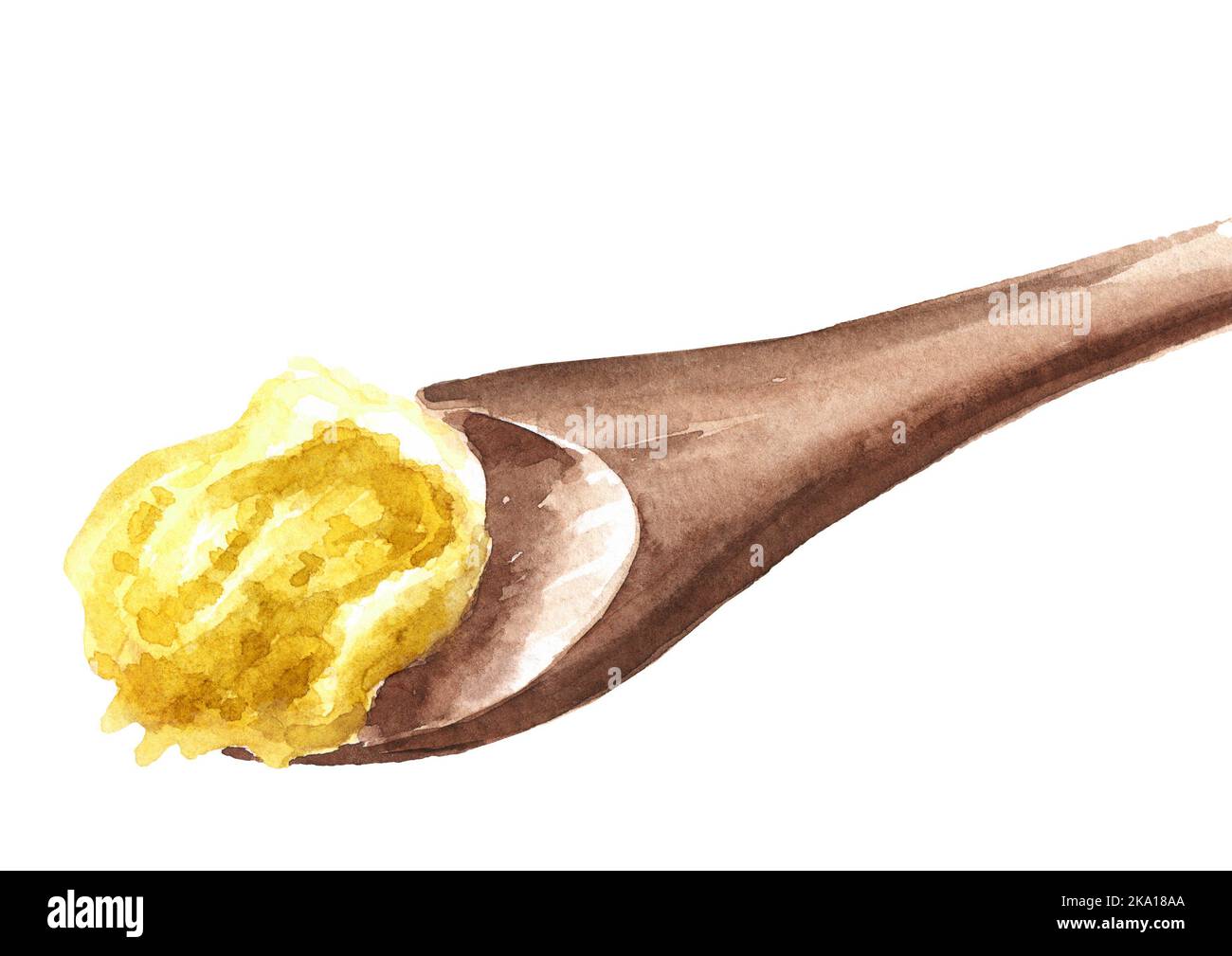Melted butter in a wooden spoon. Hand drawn watercolor illustration ...