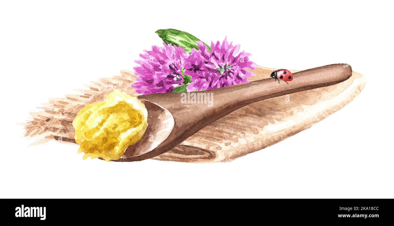 Melted butter in a wooden spoon. Hand drawn watercolor illustration ...