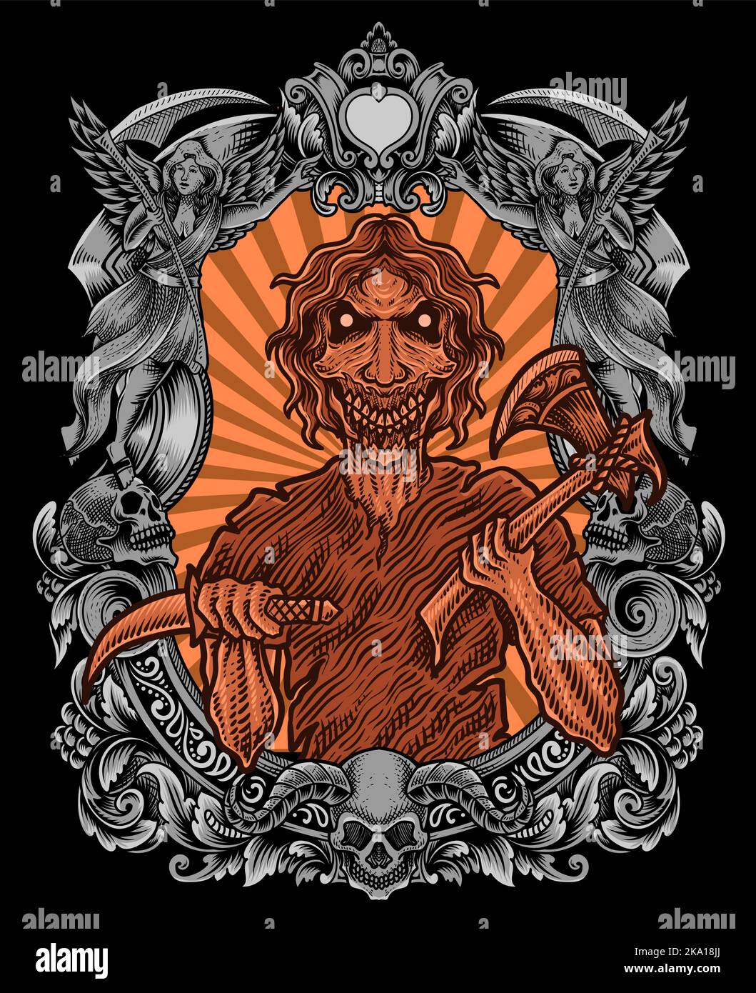 isolated scary zombie with engraving ornament frame Stock Vector Image ...